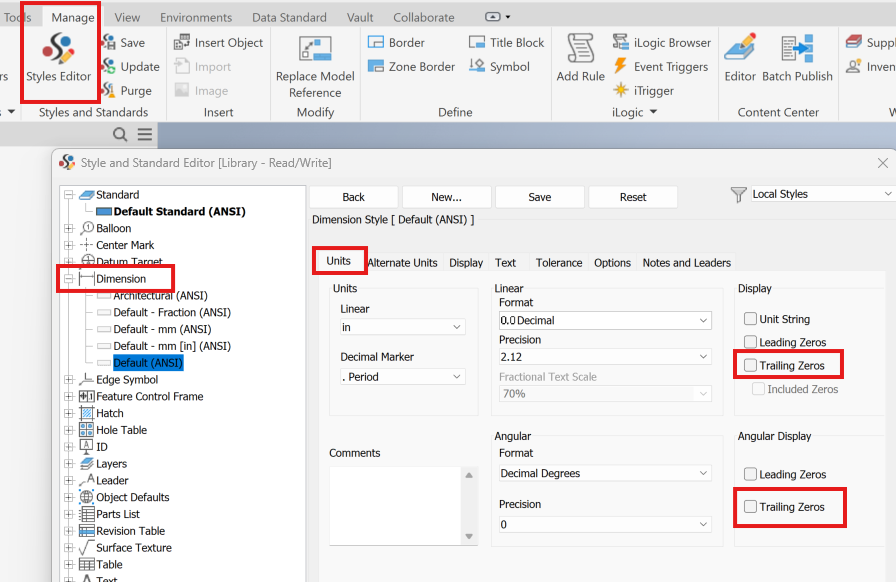 How to remove trailing zeros from annotations in Inventor drawing and apply the same annotation ...