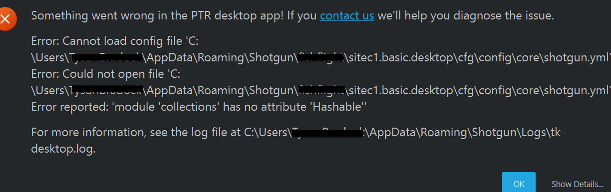 "Cannot load config file" and lost access to integrations, API and Flow Production Tracking ...