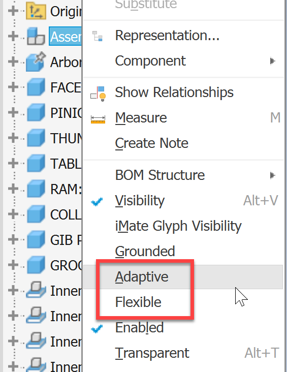 What is the difference between Adaptive and Flexible in an Inventor assembly?