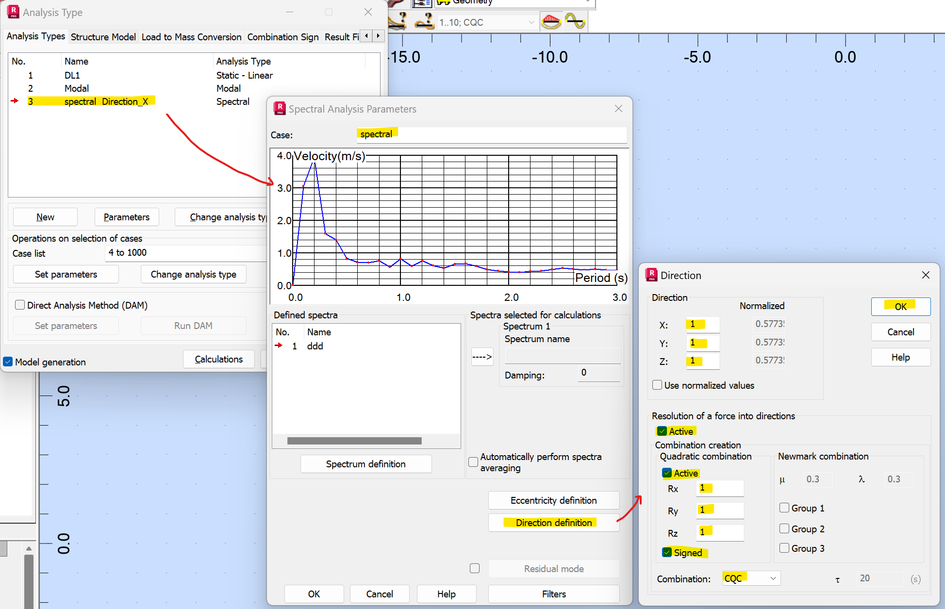 How to create CQC combinations with coefficients equal to 1 for spectral analysis in Robot ...