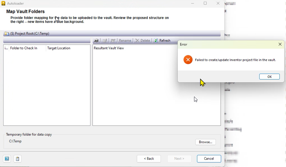 Failed To Createupdate Inventor Project File In The Vault When Using Vault Autoloader To
