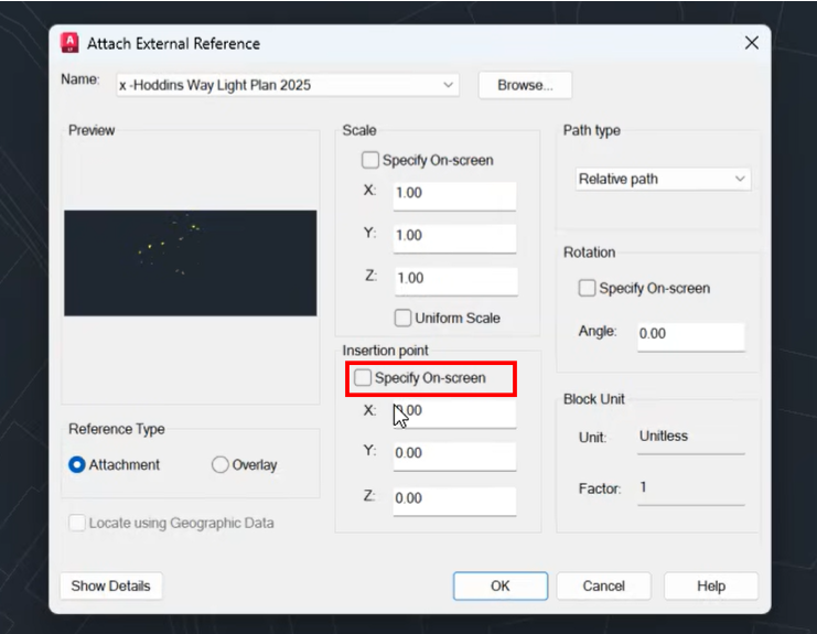 External reference file (XREF) does not display in the correct location ...