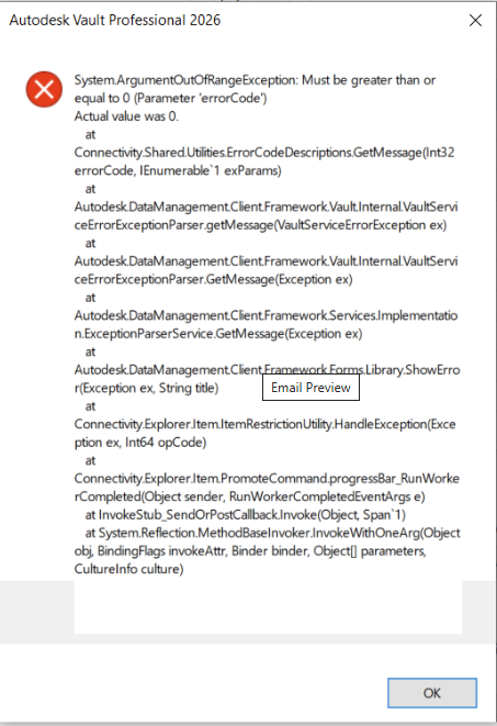 “System.ArgumentOutofRangeExcepiton： 必须大于或等于 0...”在 Vault 2026 中的特定 Inventor 文件上分配条目时