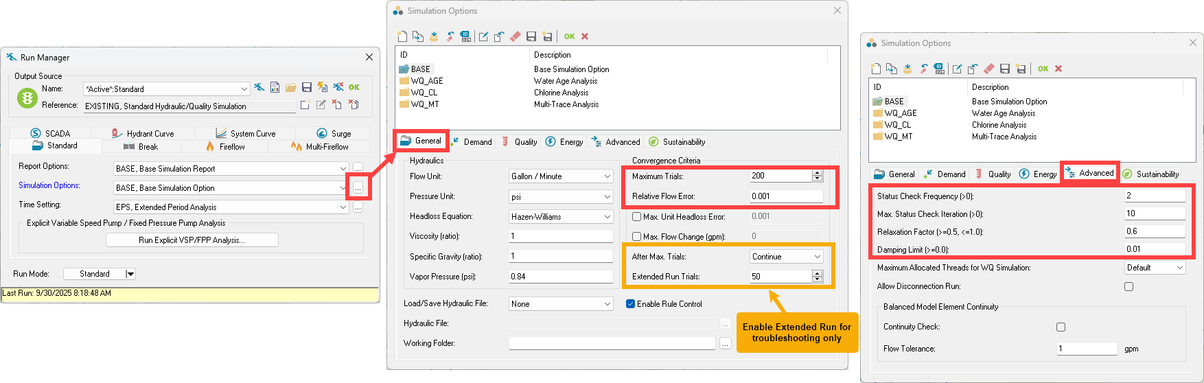 Recommended Simulation Options for best convergence in InfoWater Pro