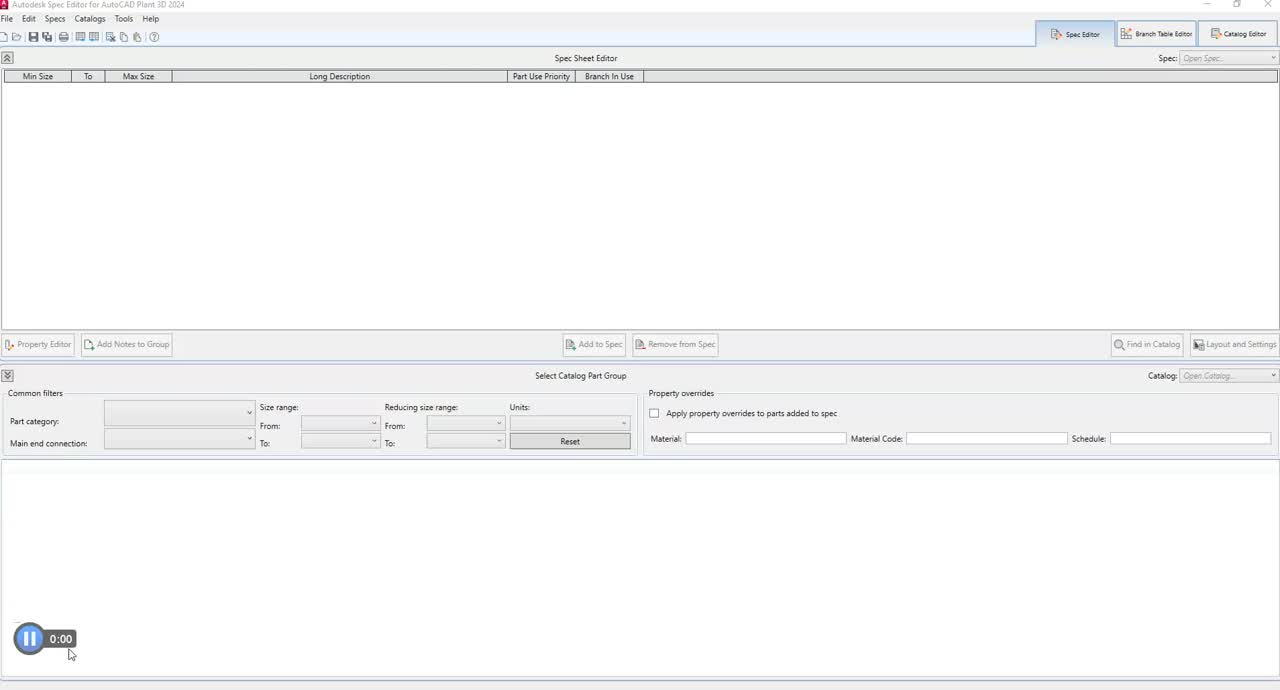 Only pipe is included in the Branch Table Setup of AutoCAD Plant 3D Spec Editor